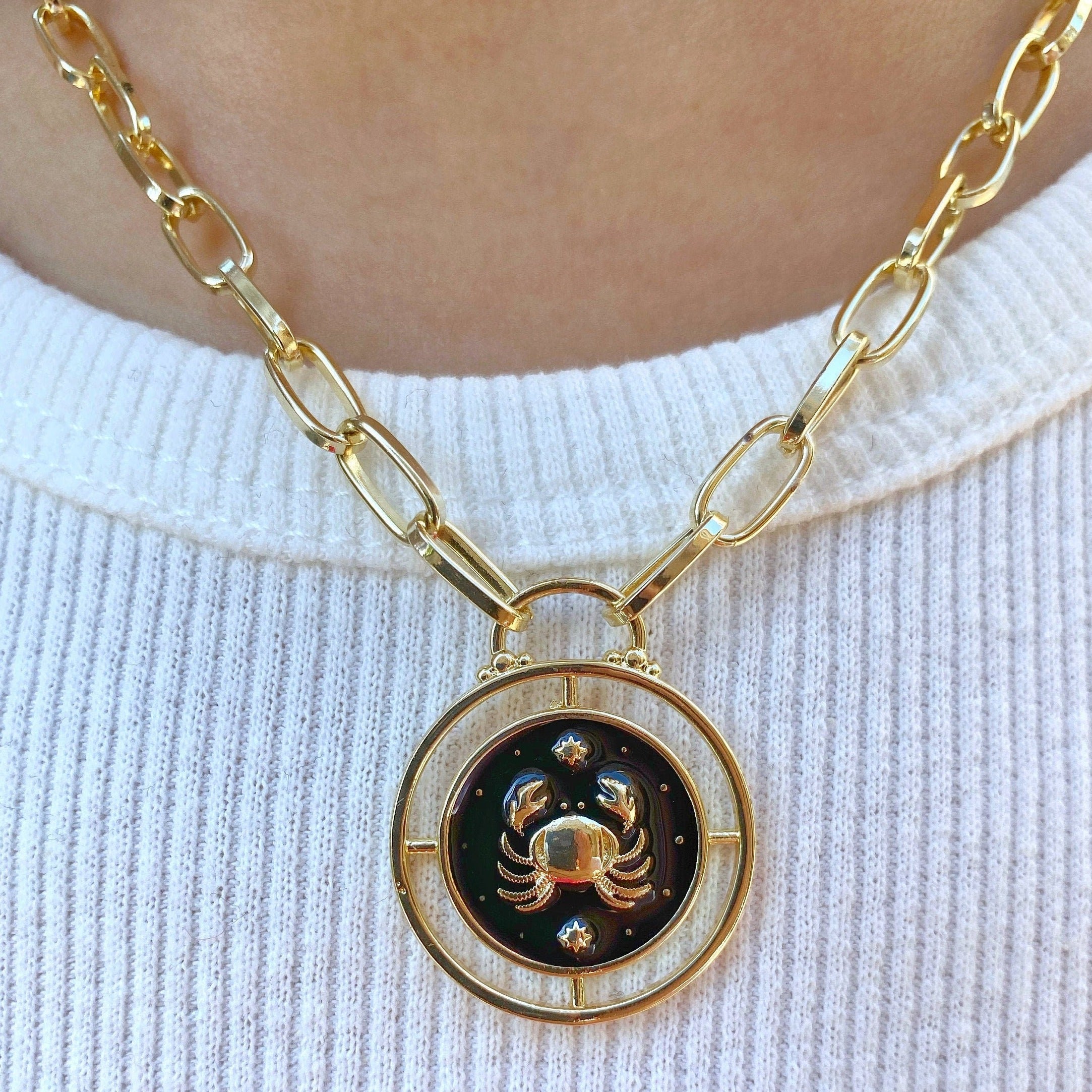 Cancer Zodiac Sign Medallion Coin Necklace • Crab Rising Star Moon ...